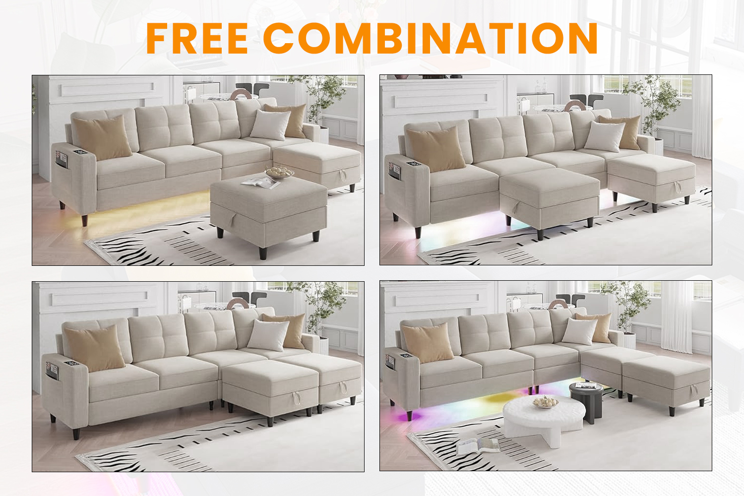 KINSLEY Modular Sectional Sofa with Wireless Charging, USB & Type-C ...