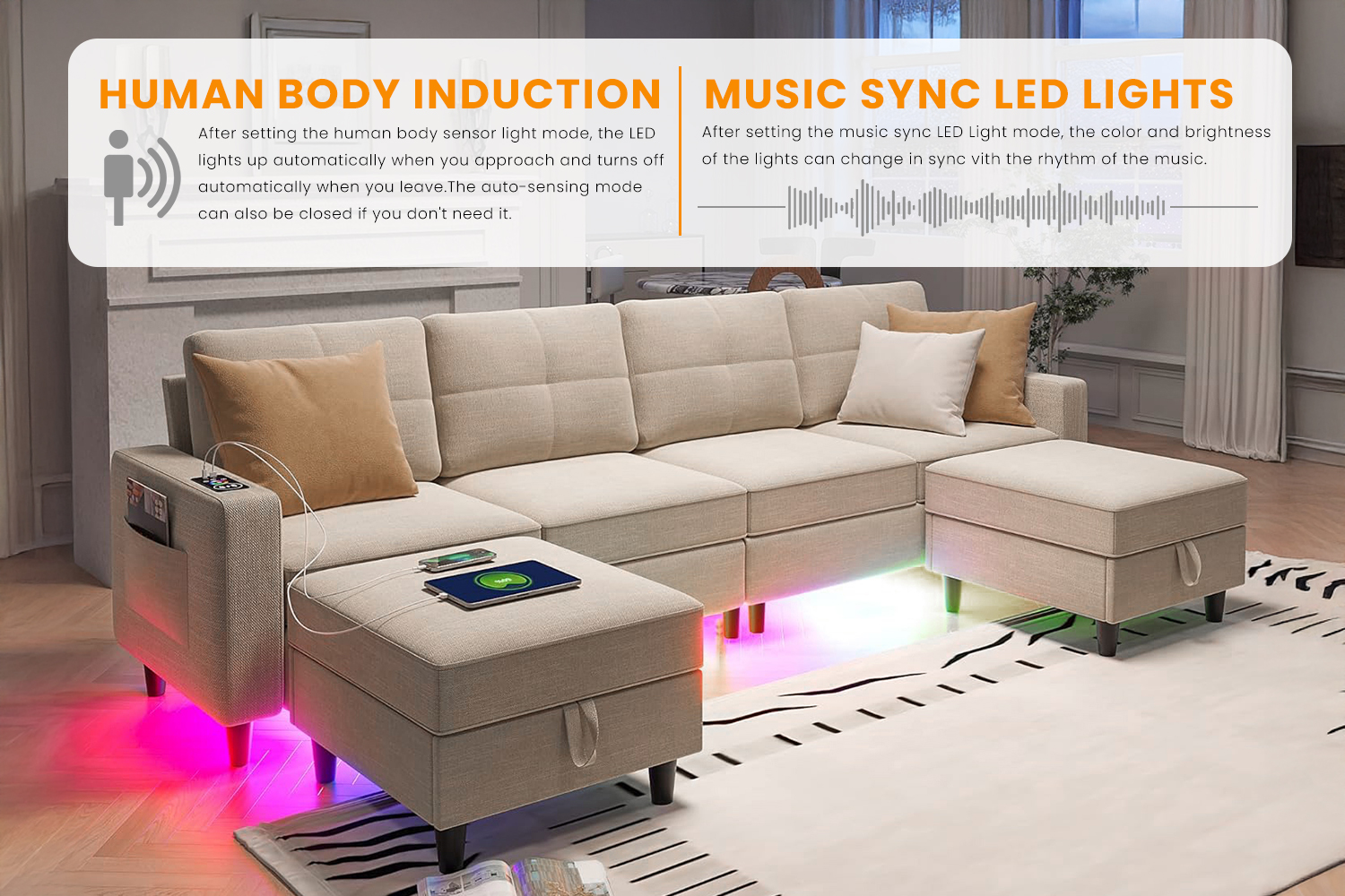 KINSLEY Modular Sectional Sofa with Wireless Charging, USB & Type-C ...