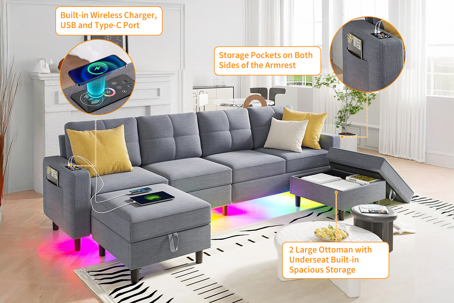 KINSLEY Modular Sectional Sofa with Wireless Charging, USB & Type-C ...