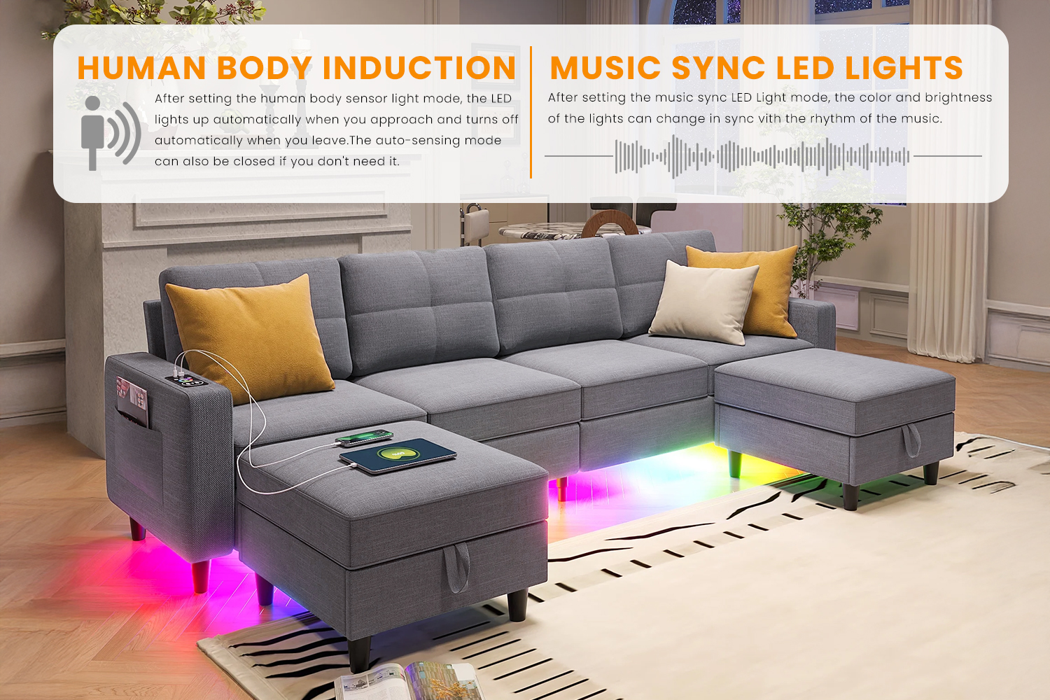 KINSLEY Modular Sectional Sofa with Wireless Charging, USB & Type-C Ports, and LED Lighting ...