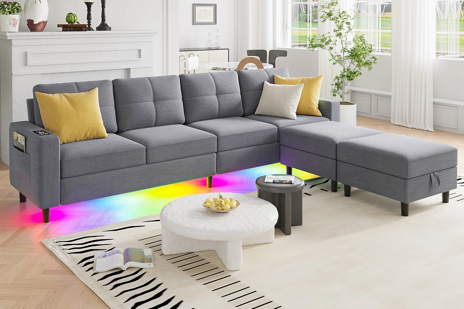 KINSLEY Modular Sectional Sofa with Wireless Charging, USB & Type-C Ports, and LED Lighting ...
