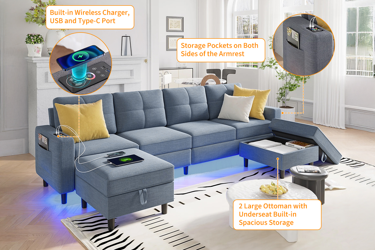 KINSLEY Modular Sectional Sofa with Wireless Charging, USB & Type-C Ports, and LED Lighting ...