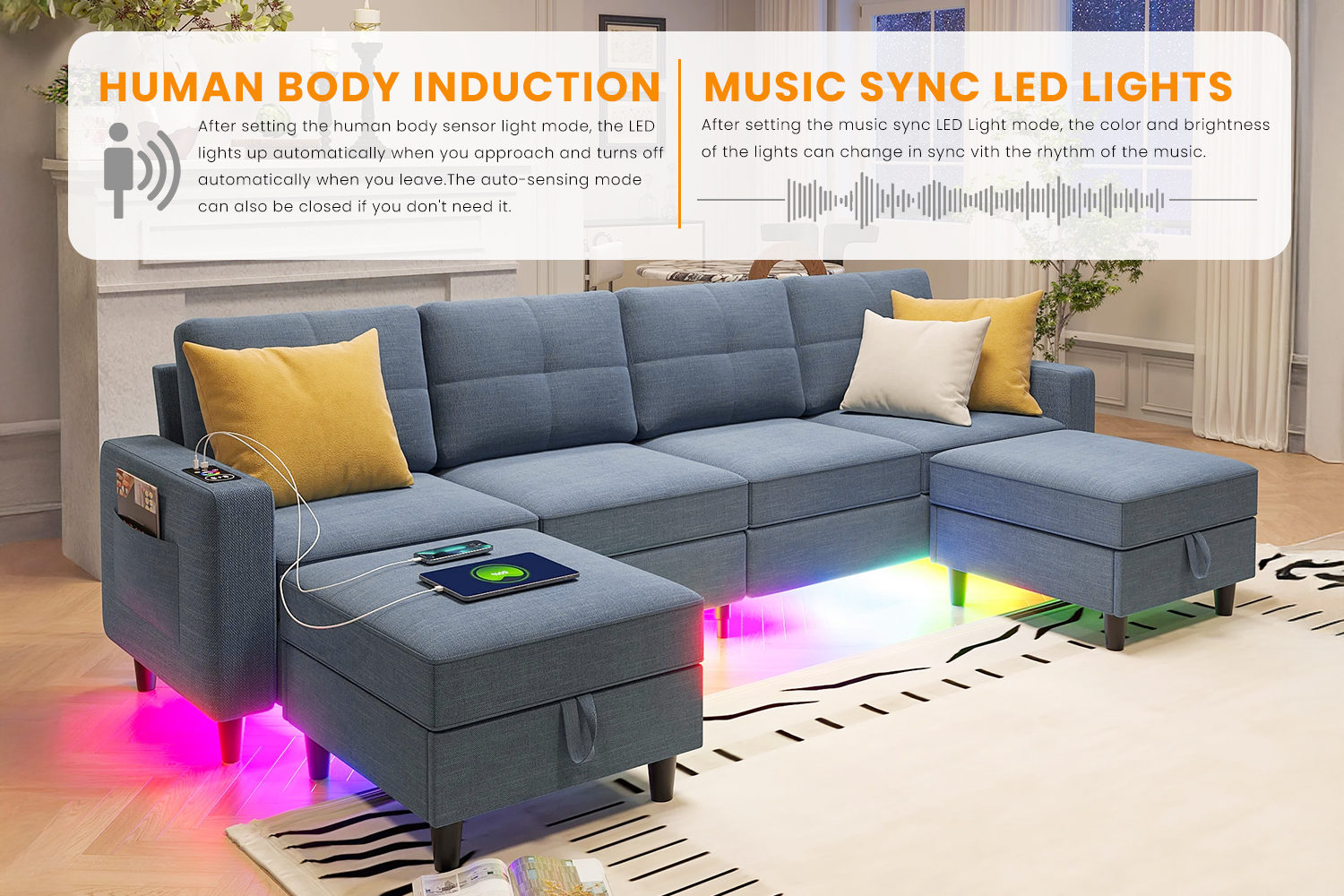KINSLEY Modular Sectional Sofa with Wireless Charging, USB & Type-C Ports, and LED Lighting ...