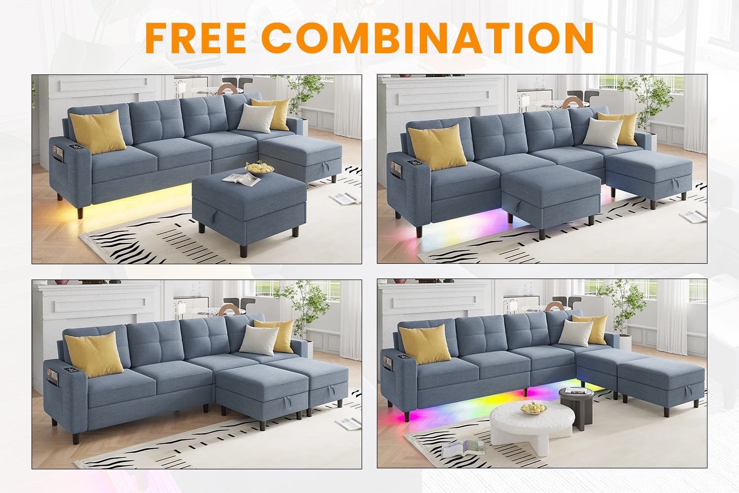 KINSLEY Modular Sectional Sofa with Wireless Charging, USB & Type-C Ports, and LED Lighting ...