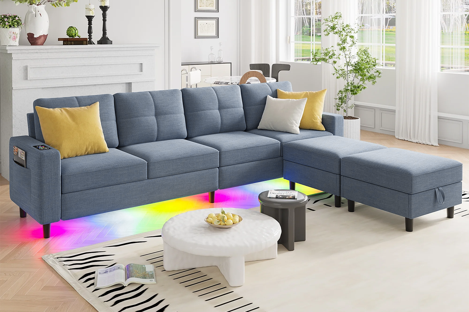 KINSLEY Modular Sectional Sofa with Wireless Charging, USB & Type-C Ports, and LED Lighting ...