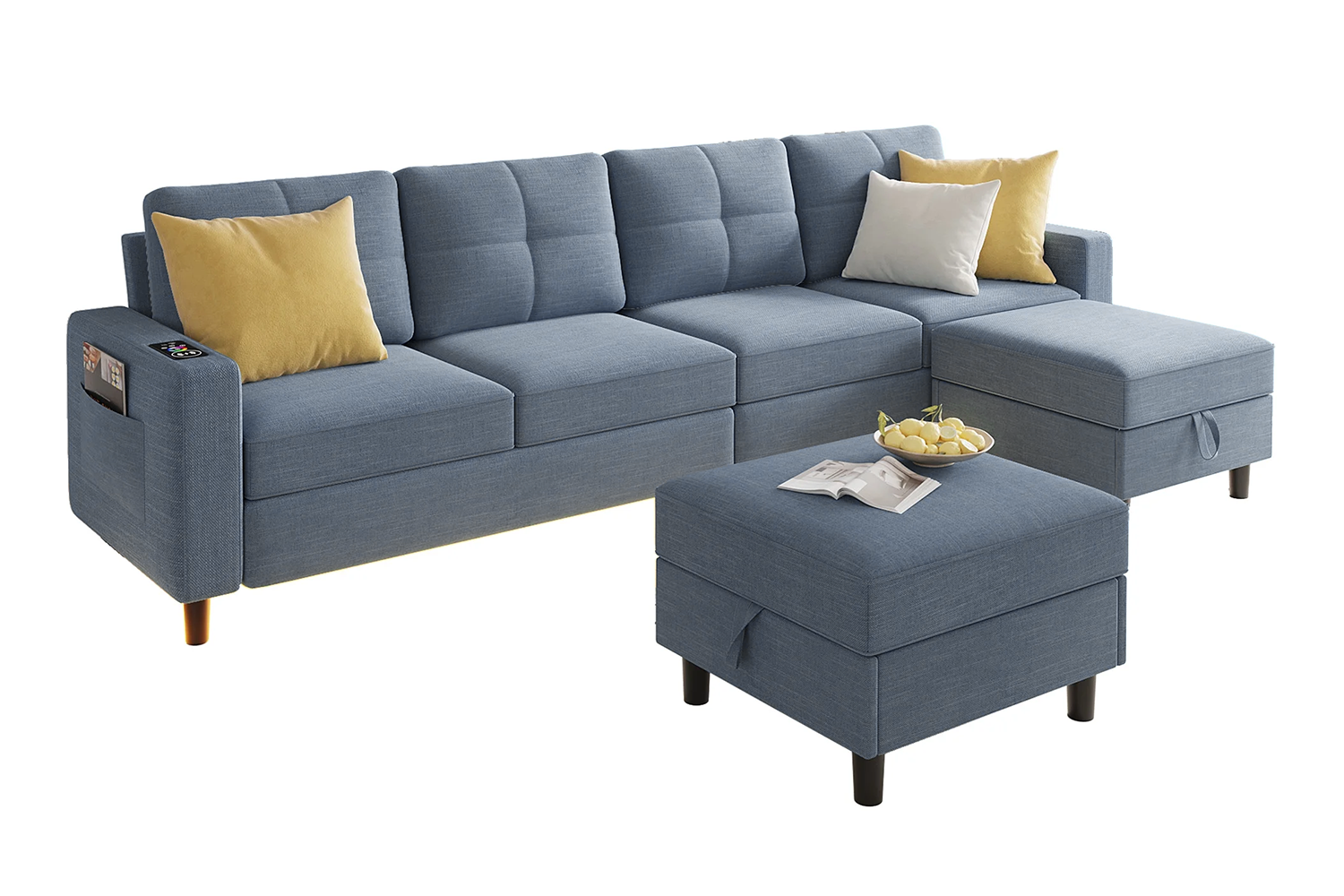 KINSLEY Modular Sectional Sofa with Wireless Charging, USB & Type-C Ports, and LED Lighting ...