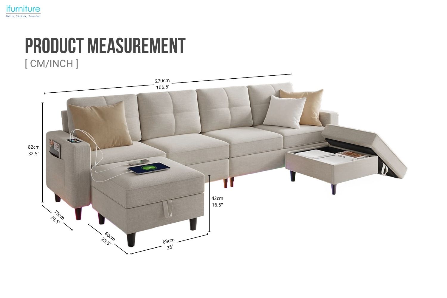 KINSLEY Modular Sectional Sofa with Wireless Charging, USB & Type-C ...