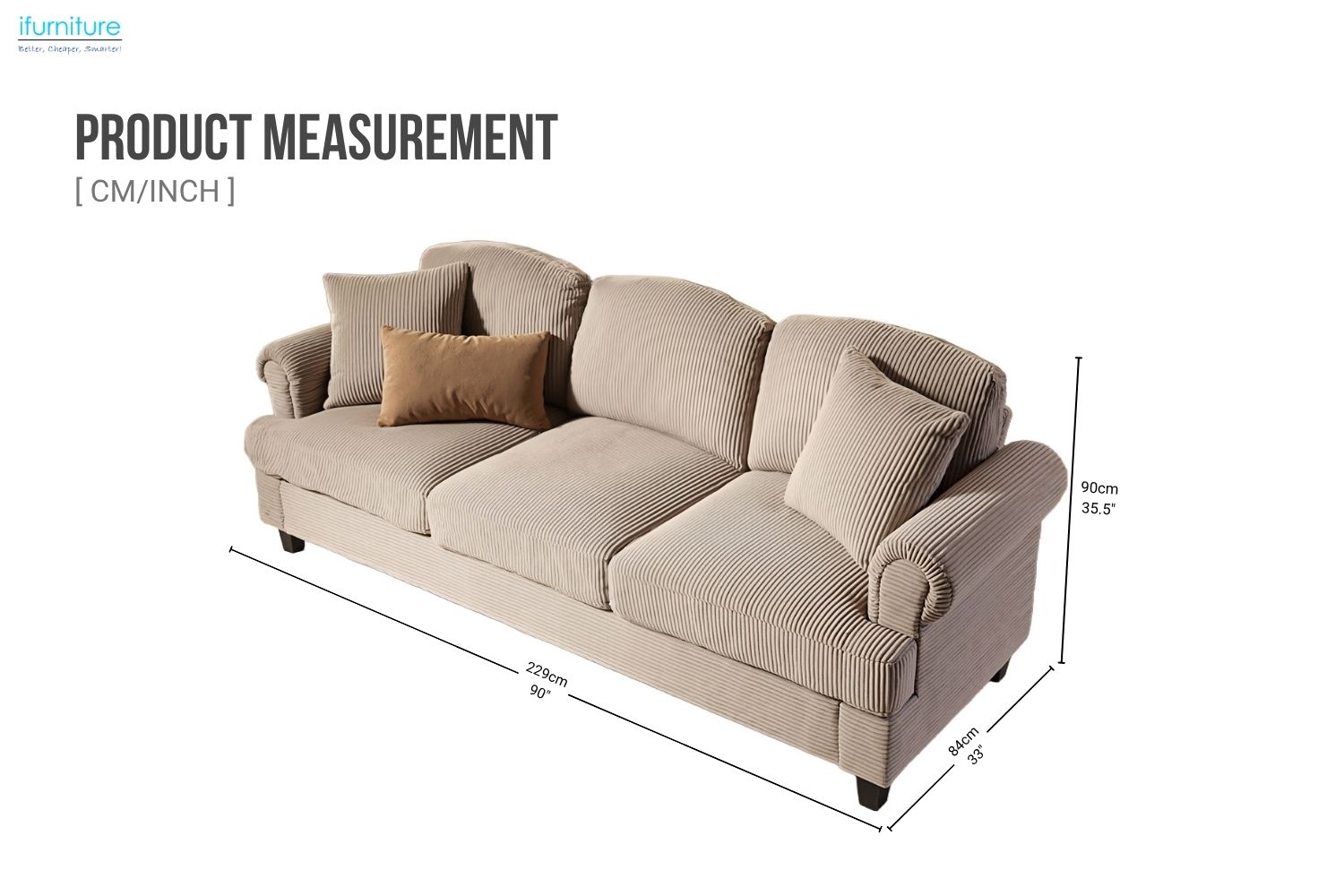 CASPER Corduroy 3-Seater Sofa (Camel)