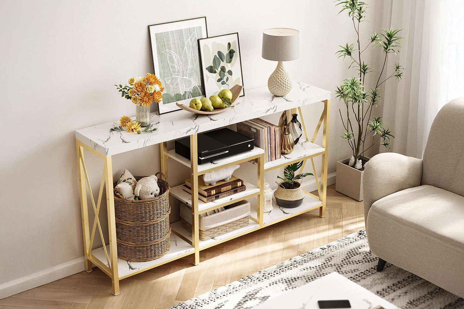ELOWEN 140 Console Table with Shelves (Off-White)