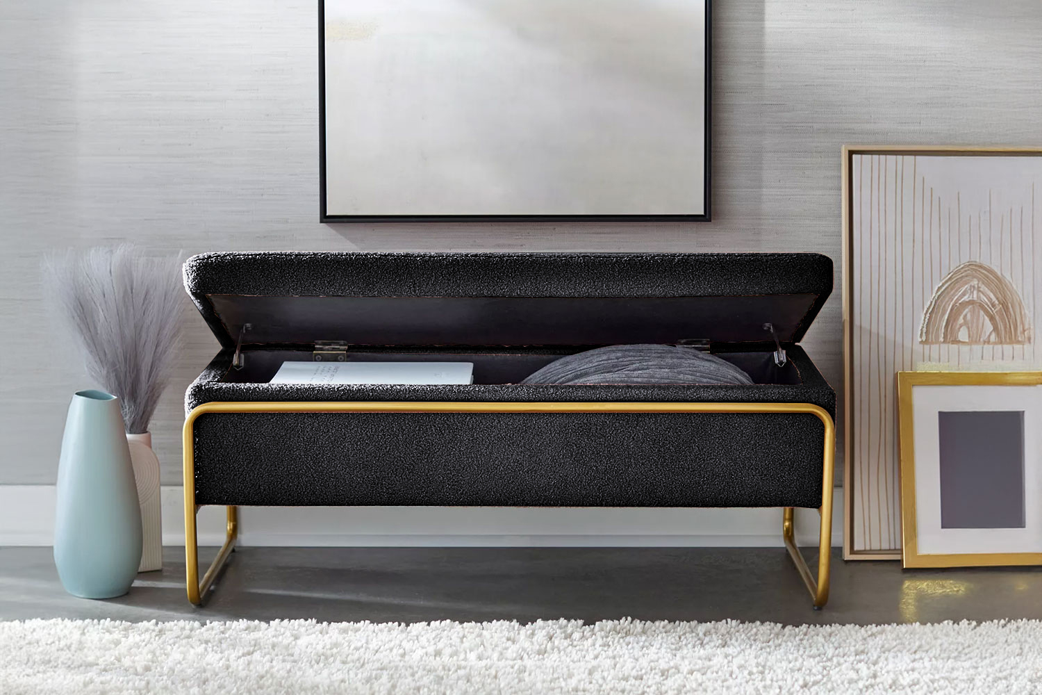 SEIDON Rectangular Storage Fabric Ottoman (Black)