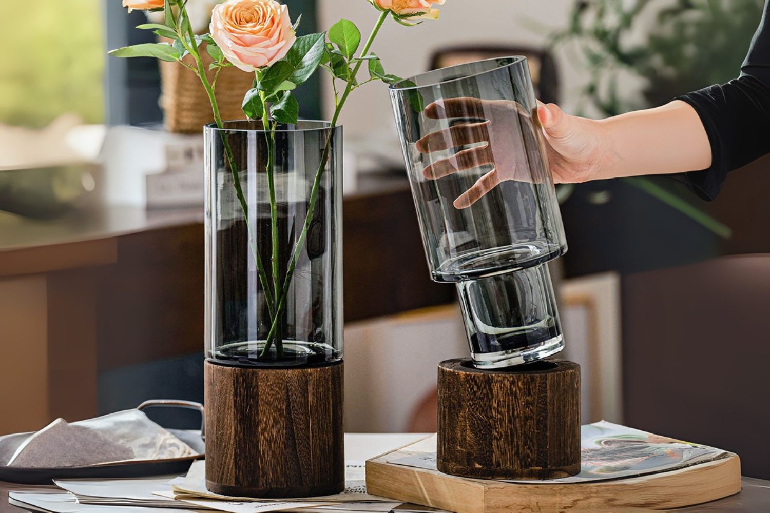 Elegant Glass Vase with Wooden Base