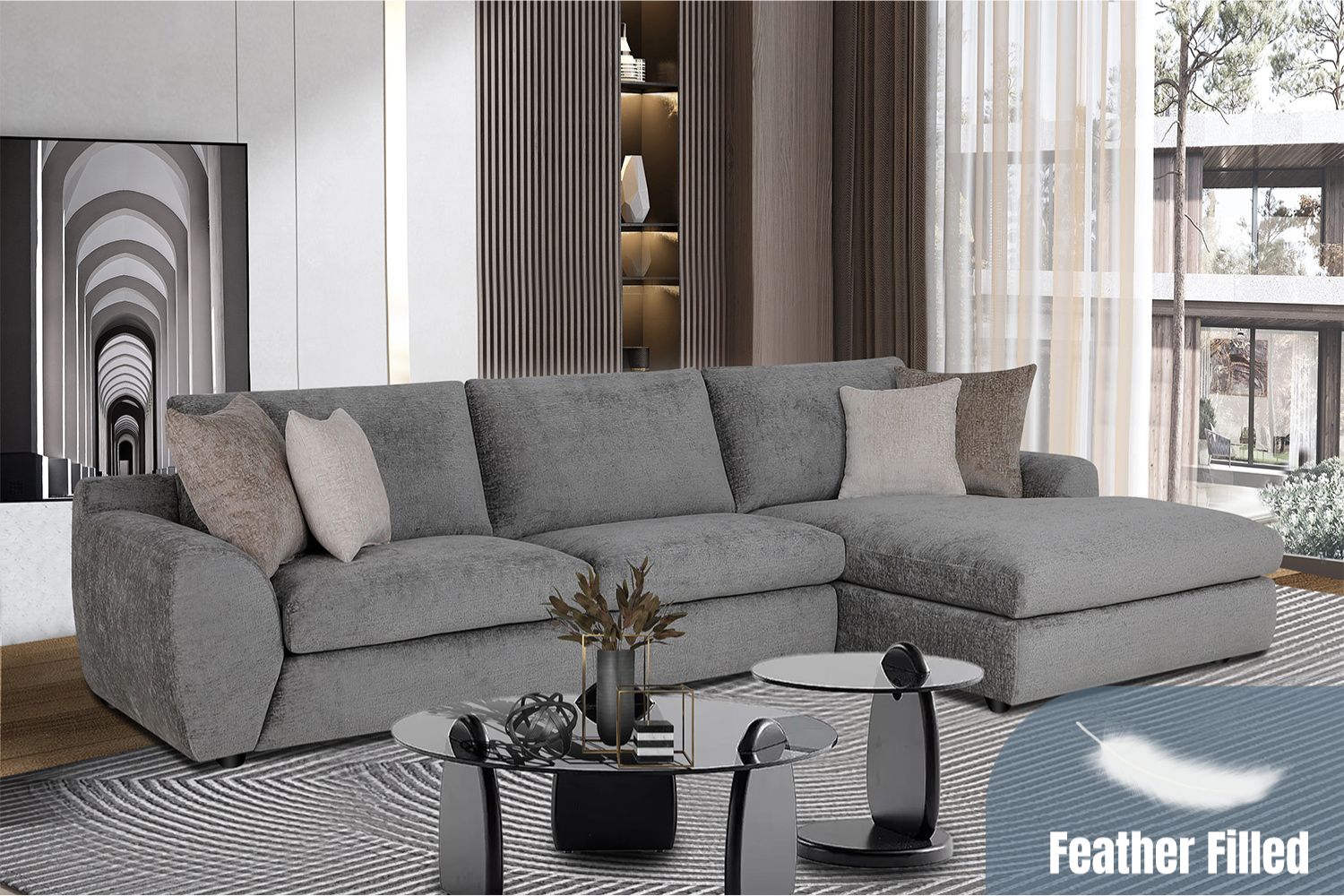 HAYVA Feather-Filled Fabric Sectional Sofa - Chaise Facing Right