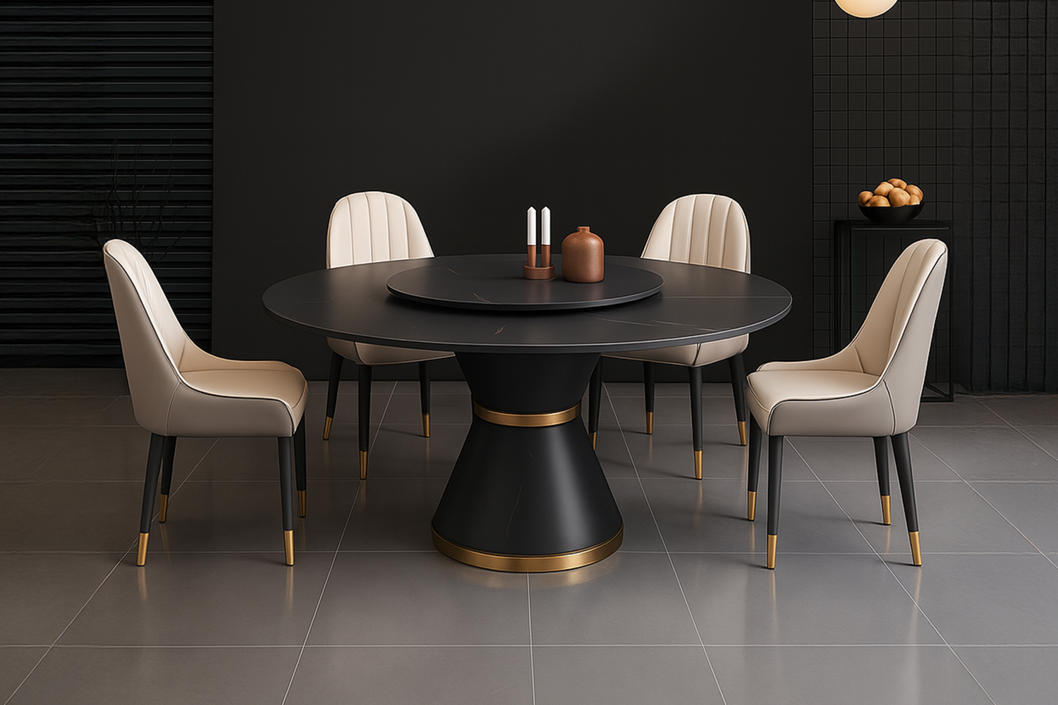 ORBIT 135 Round Black Sintered Stone Dining Table with Lazy Susan