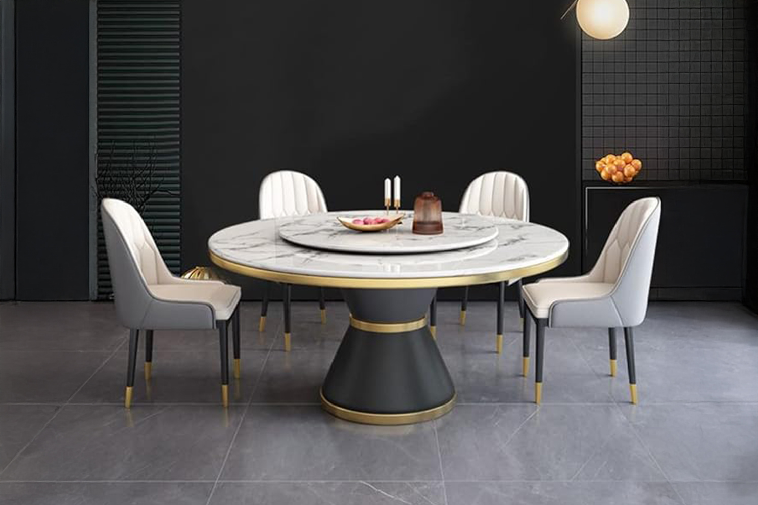 ORBIT 150 Round White Sintered Stone Dining Table with Lazy Susan