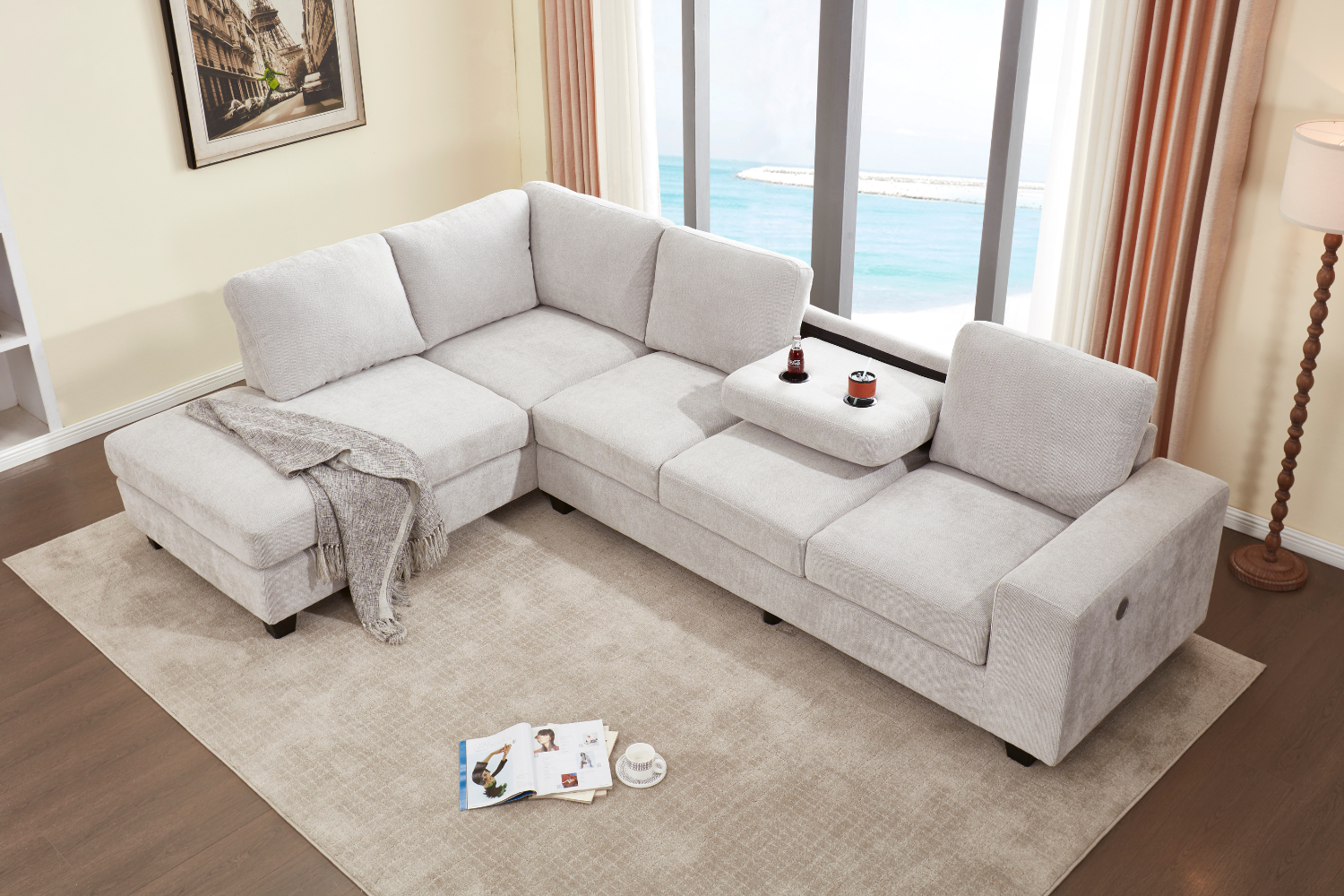 OSAKA Sectional Sofa with Storage Ottoman, Flip-Back Hidden Console ...