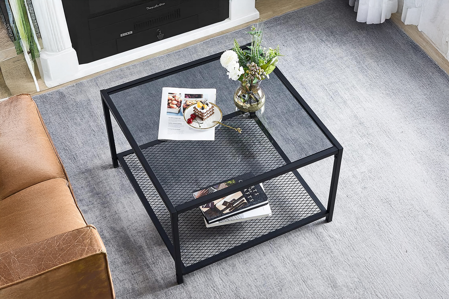 LINDELL 70 Square Tempered Glass Coffee Table with Shelf