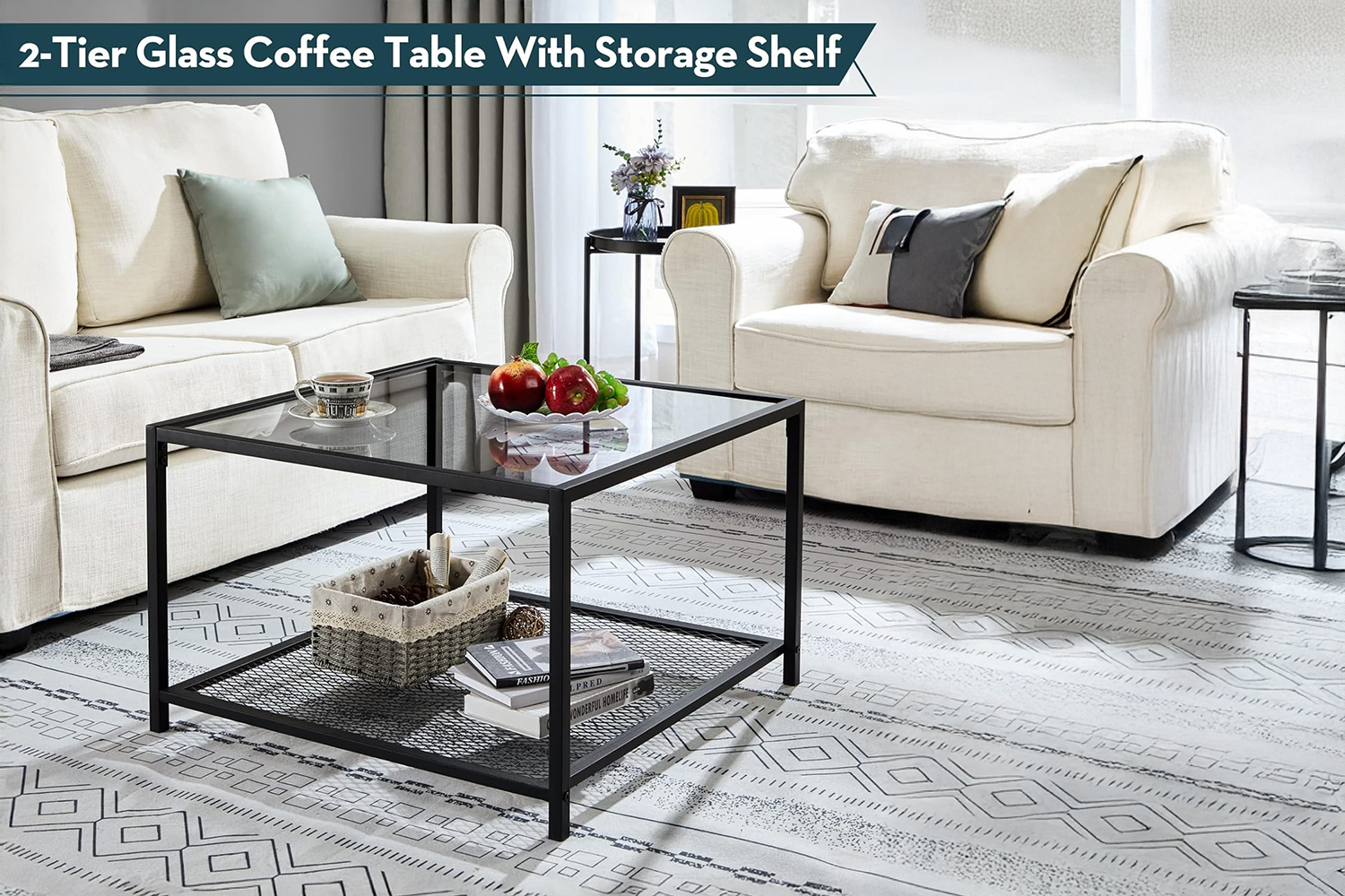 LINDELL 70 Square Tempered Glass Coffee Table with Shelf
