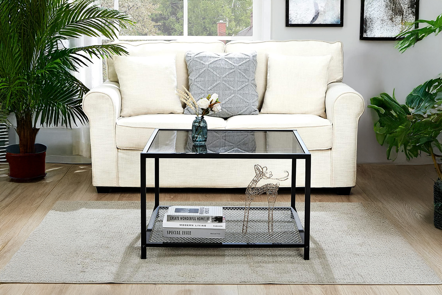 LINDELL 70 Square Tempered Glass Coffee Table with Shelf