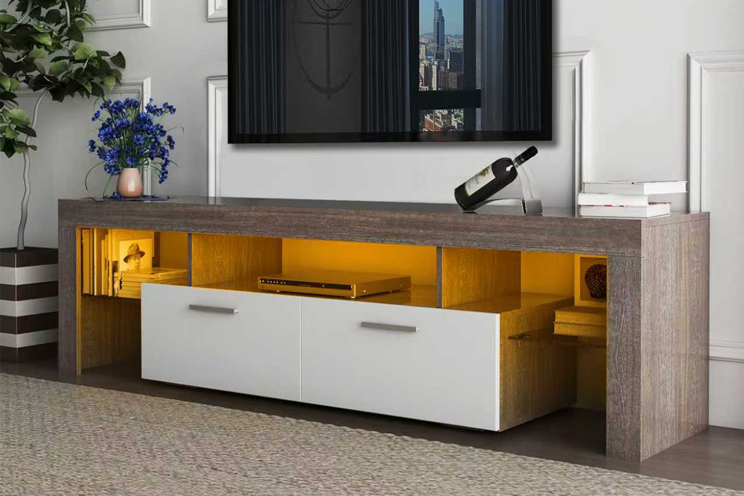 HUMBIE 1.6M TV Unit with LED Lighting and Tempered Glass Shelves