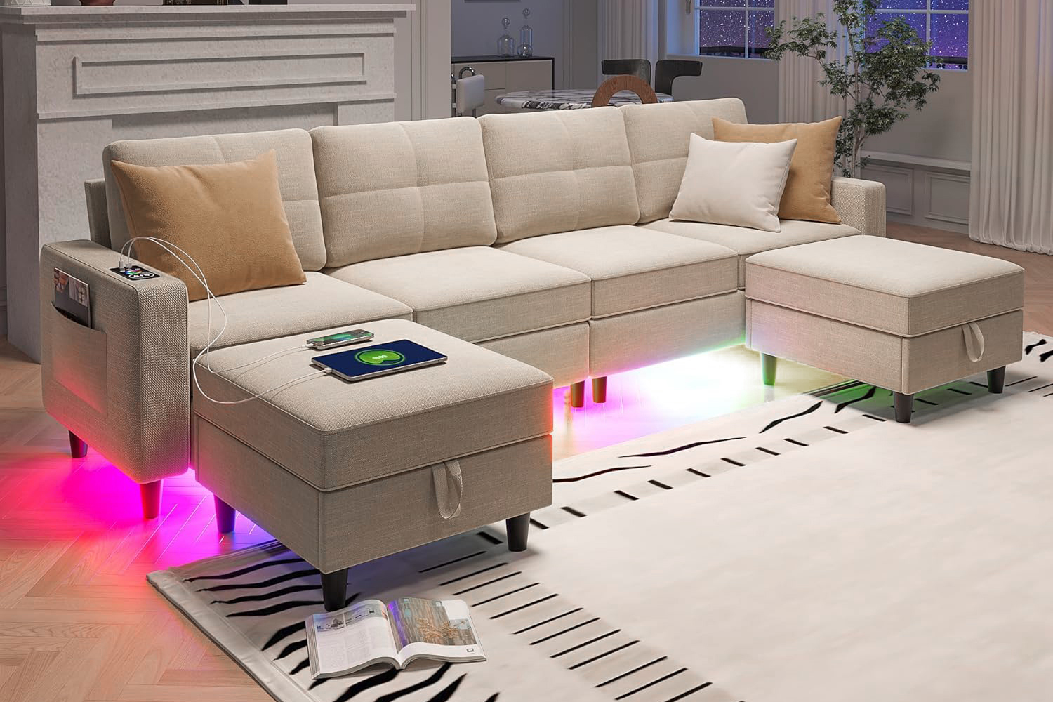KINSLEY Modular Sectional Sofa with Wireless Charging, USB & Type-C Ports, and LED Lighting (Beige)