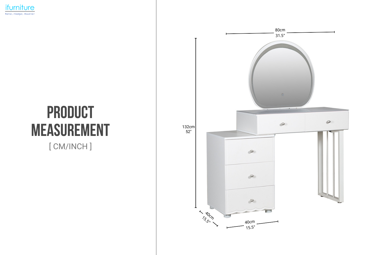 KALINA 5-Drawer Dressing Table with LED Mirror and Zerra Makeup Stool