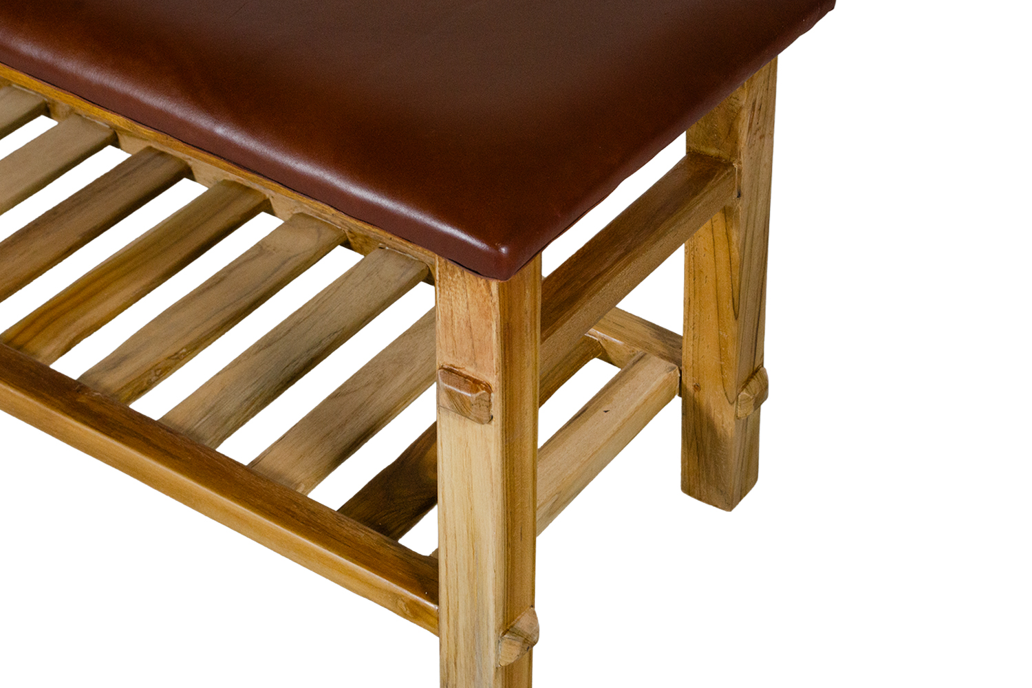 NAPLES 121 Natural Cow Leather Solid Teakwood Bench with Shelf