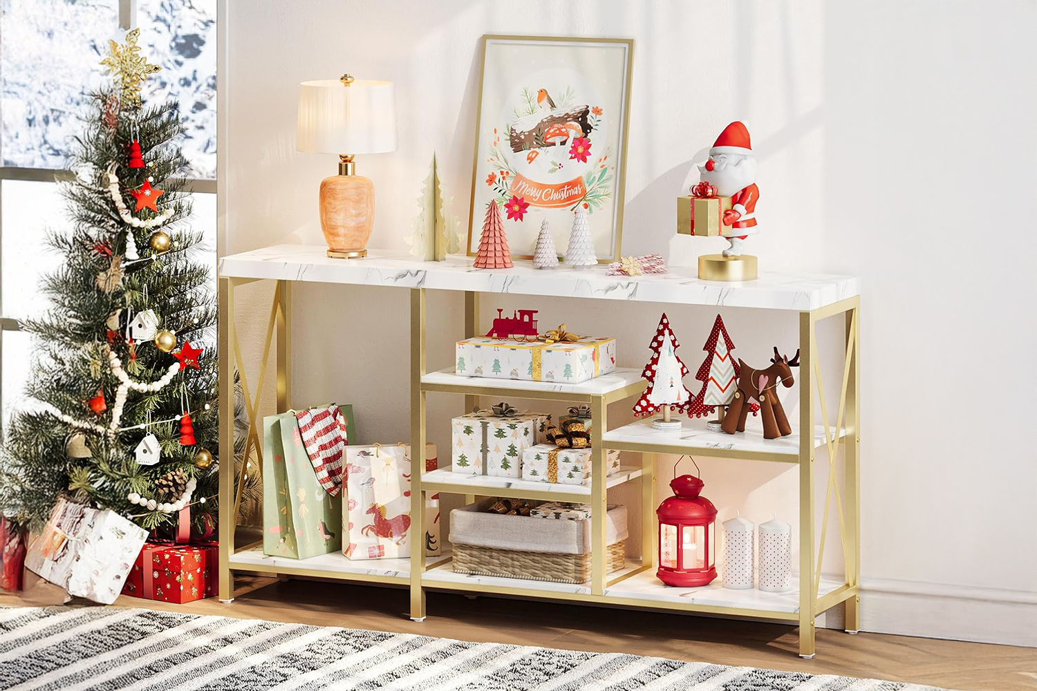 ELOWEN 140 Console Table with Shelves (Off-White)