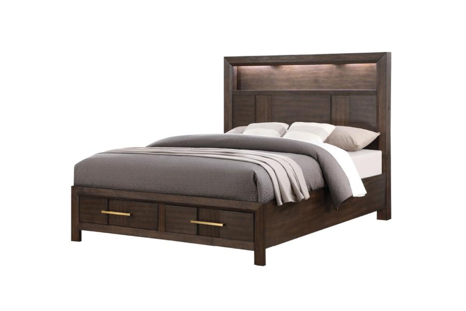 HOPKINS Storage Bed Frame with Built-in Shelf & Lamps in Queen Size