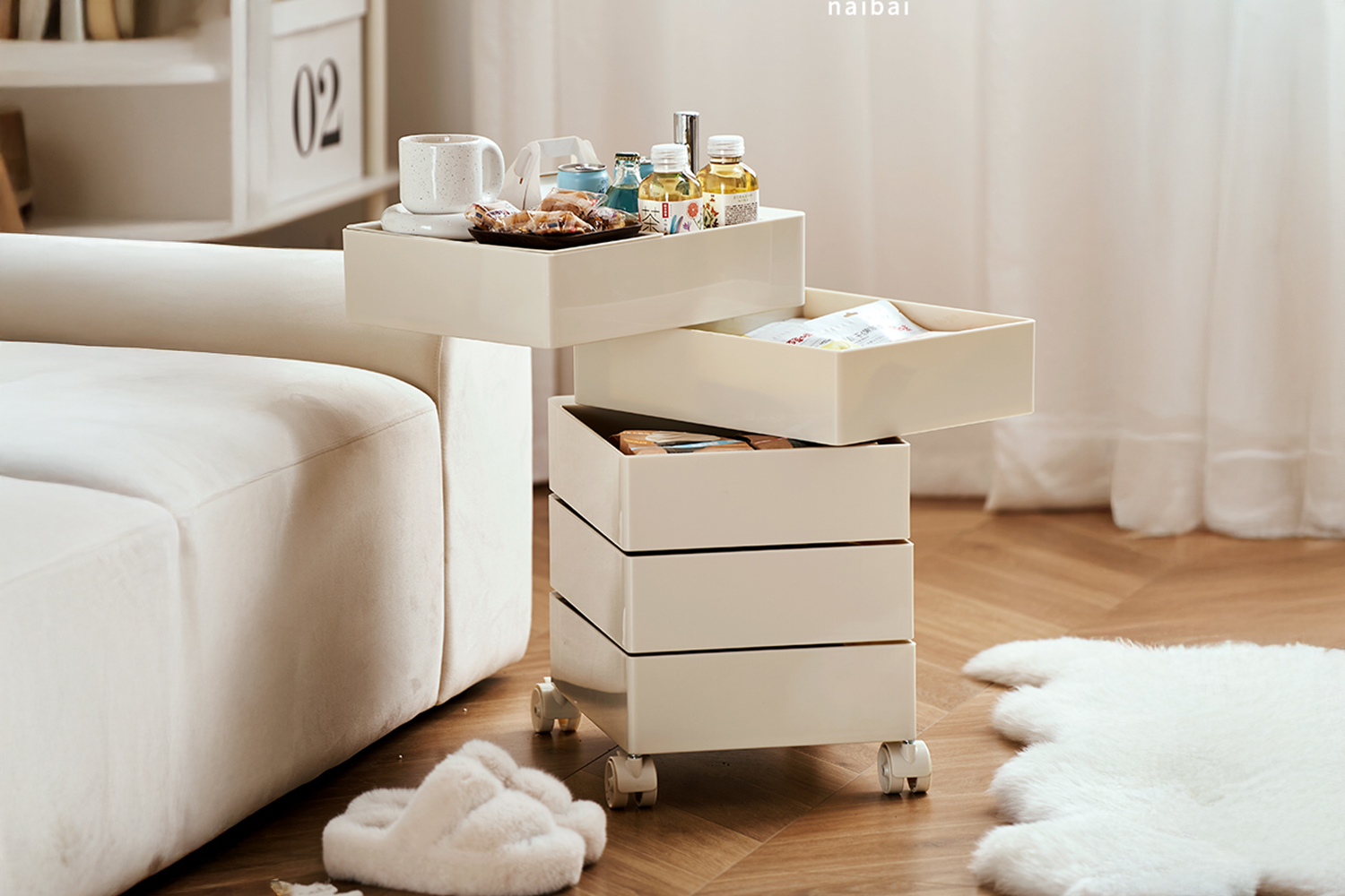 GALEN Rotating 5 Tier Utility Drawer Wheel Trolley - Off White