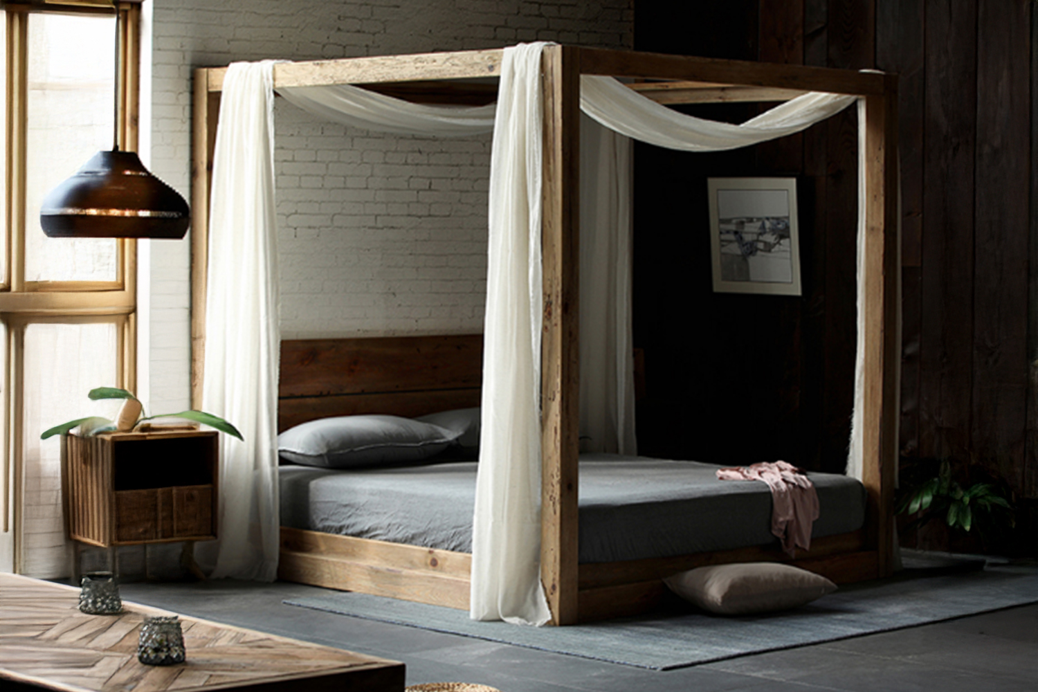 LIORA Reclaimed Pine Wood 4 Poster Bed Frame in Queen/Super King Size