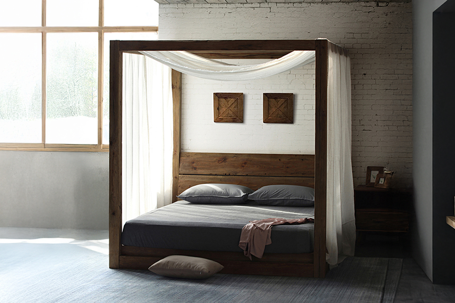 LIORA Reclaimed Pine Wood 4 Poster Bed Frame in Queen/Super King Size