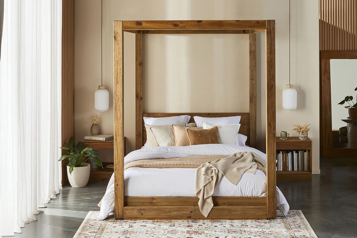 LIORA Reclaimed Pine Wood 4 Poster Bed Frame in Queen/Super King Size
