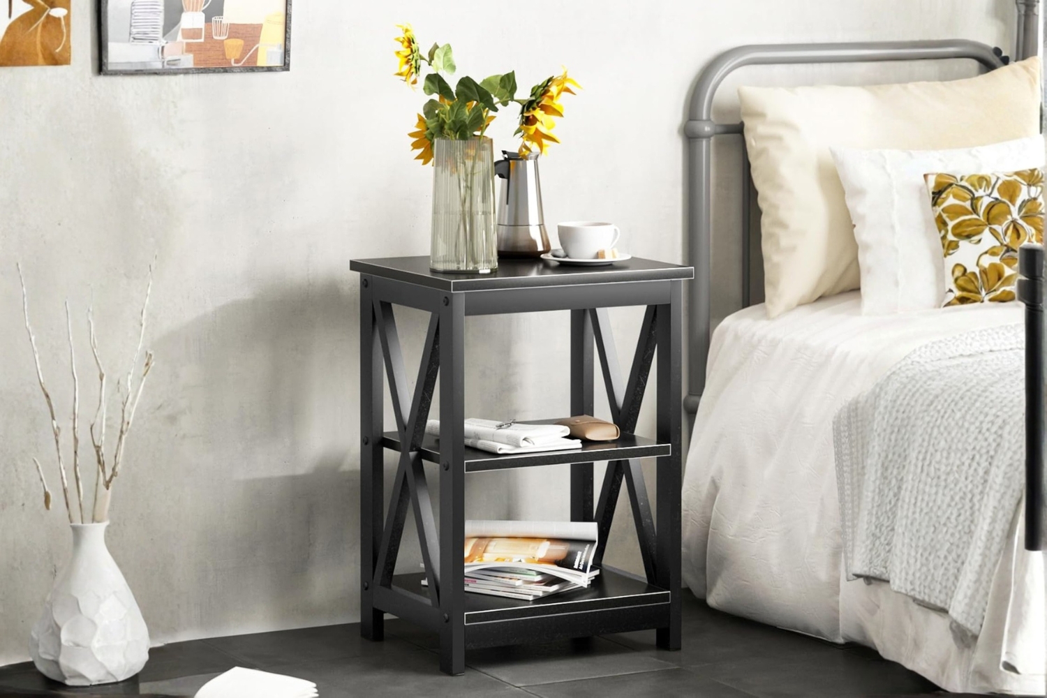 VECELO 2-Shelf Steel Frame Side Table (Black)