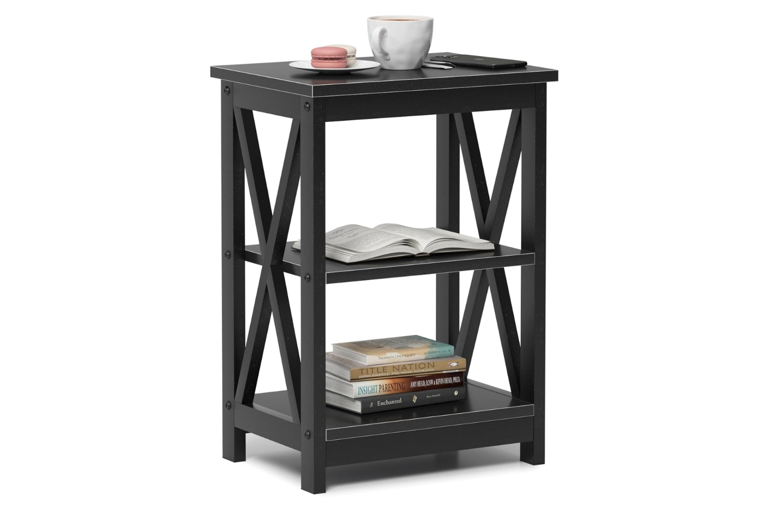 VECELO 2-Shelf Steel Frame Side Table (Black)
