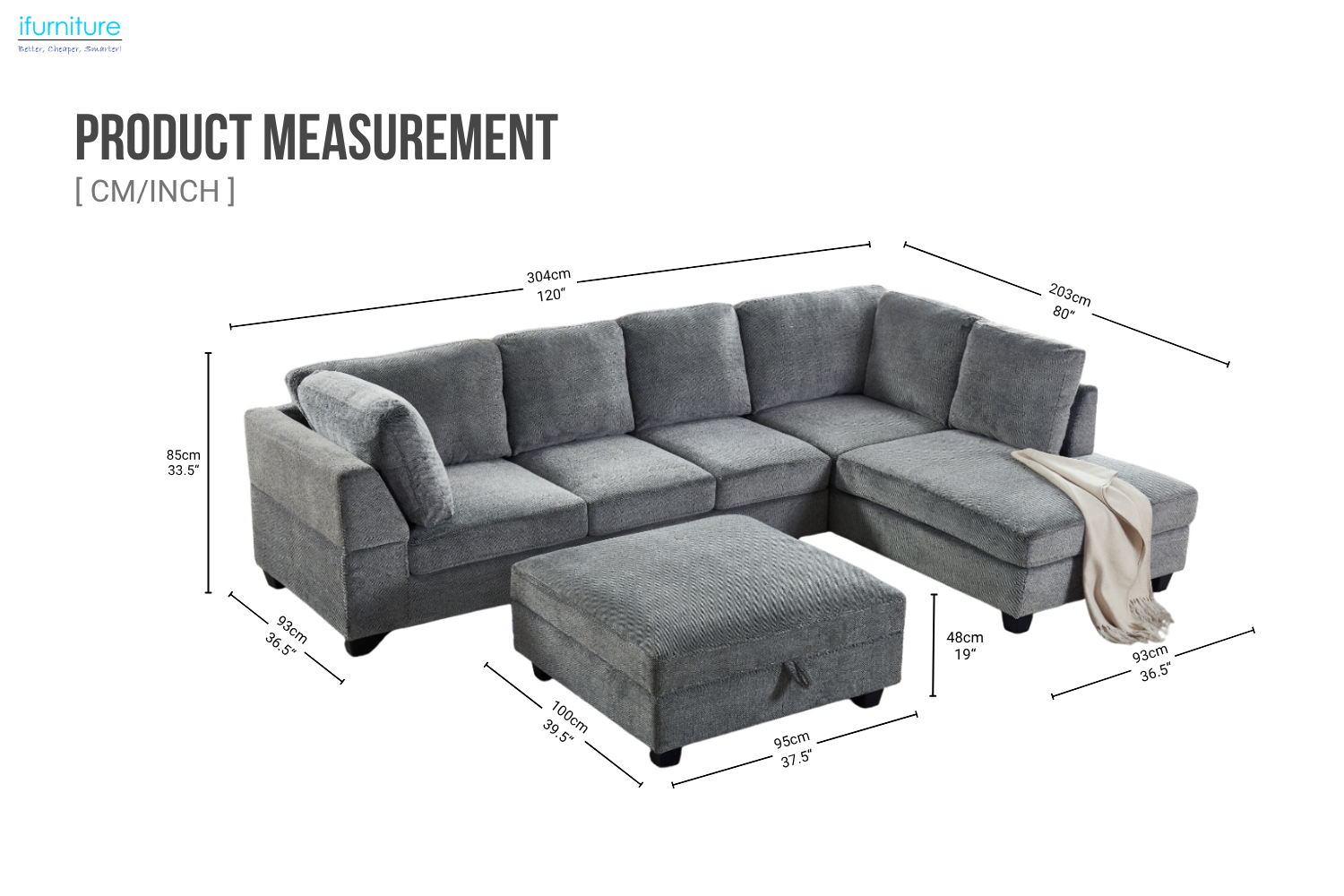 LIBERTY PREMIUM Sectional Sofa with Storage Ottoman (Grey)