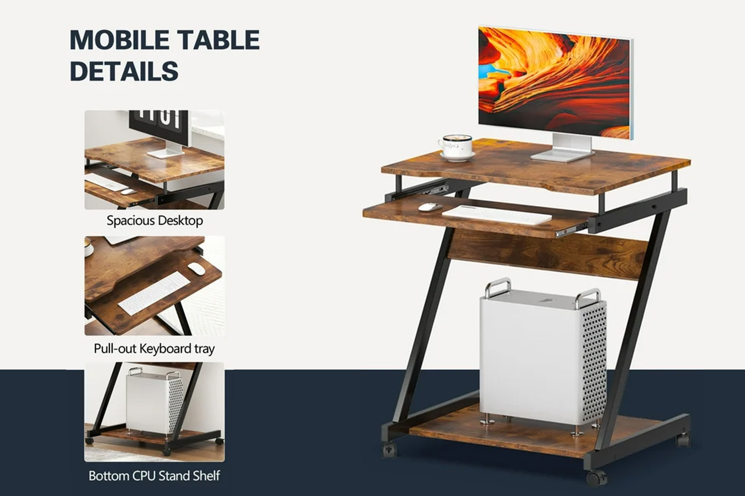 MOBELLA Z-Type Laptop Desk with Wheels (Walnut)