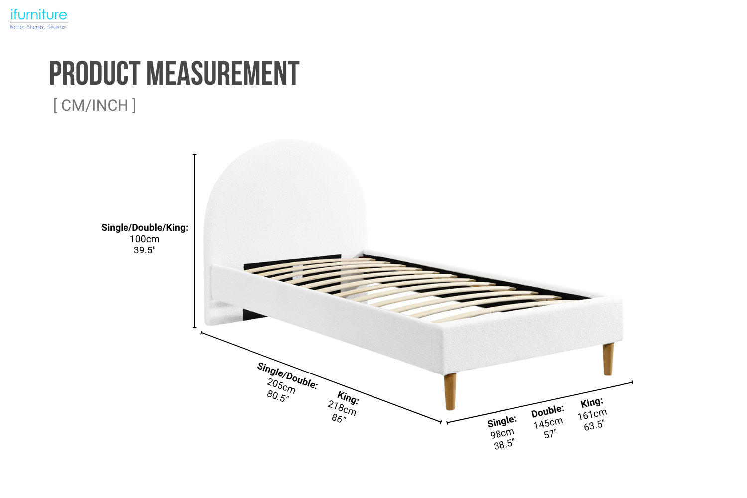 HOFFMAN Fabric Single/Double/Queen Size Bed Frame (Off White)
