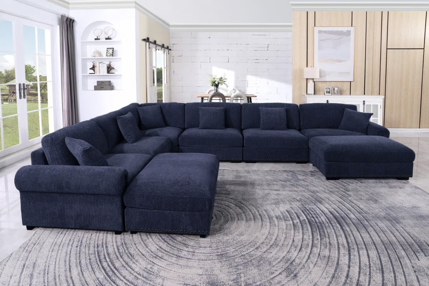 LARK Oversized Fabric Sectional Modular Sofa with Dual Ottomans (Dark Blue)
