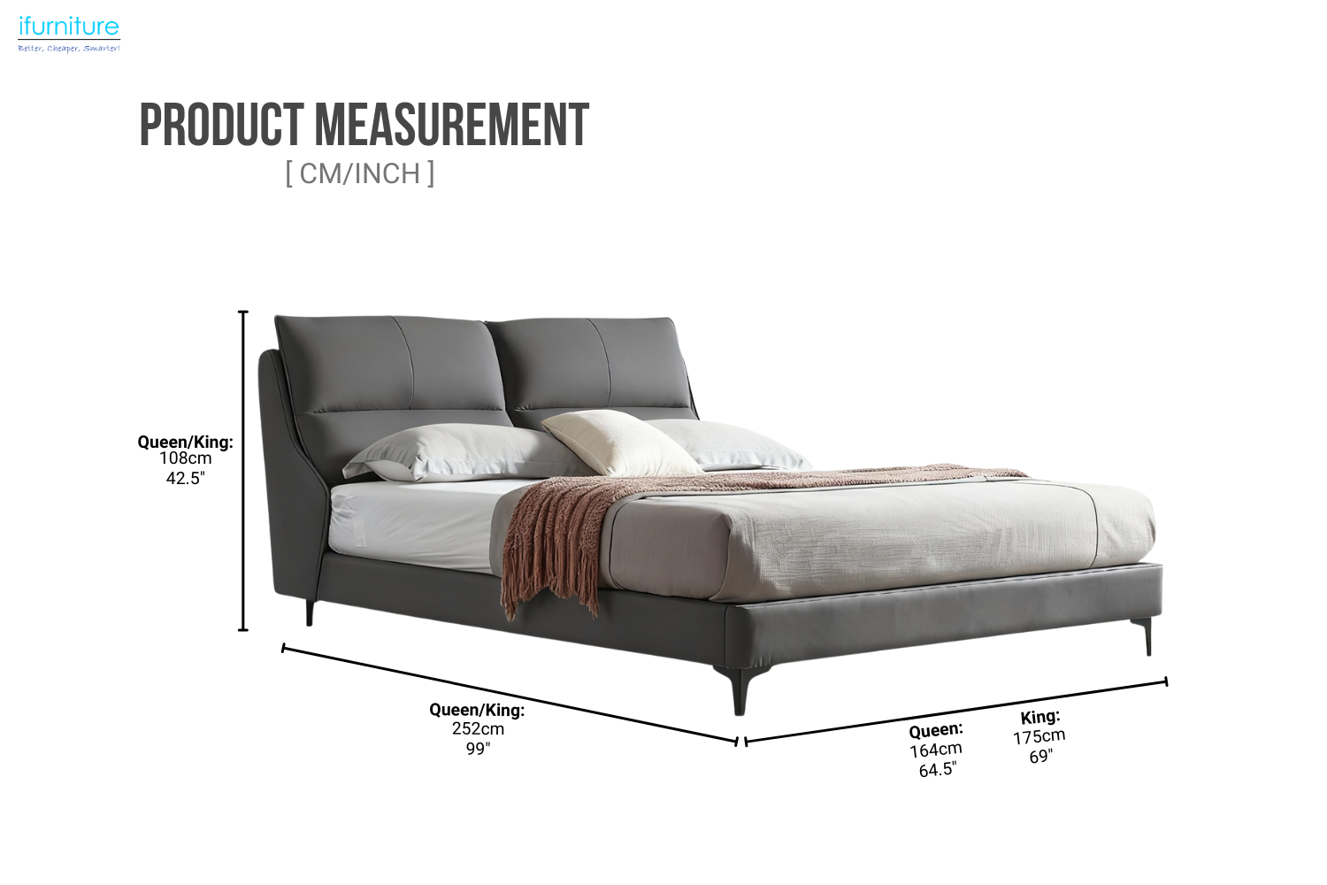 ROMEO Genuine Leather Queen/King Size Bed Frame (Dark Grey)