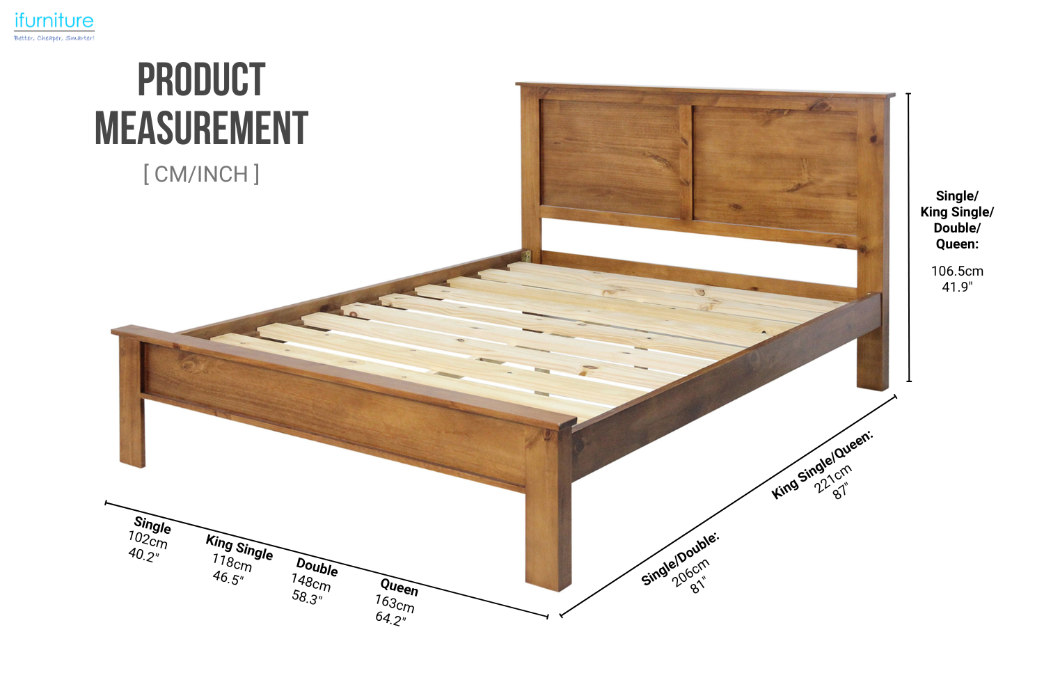 BAYARD Solid Pine Wood Bed Frame in Single/King Single/Double/Queen Size