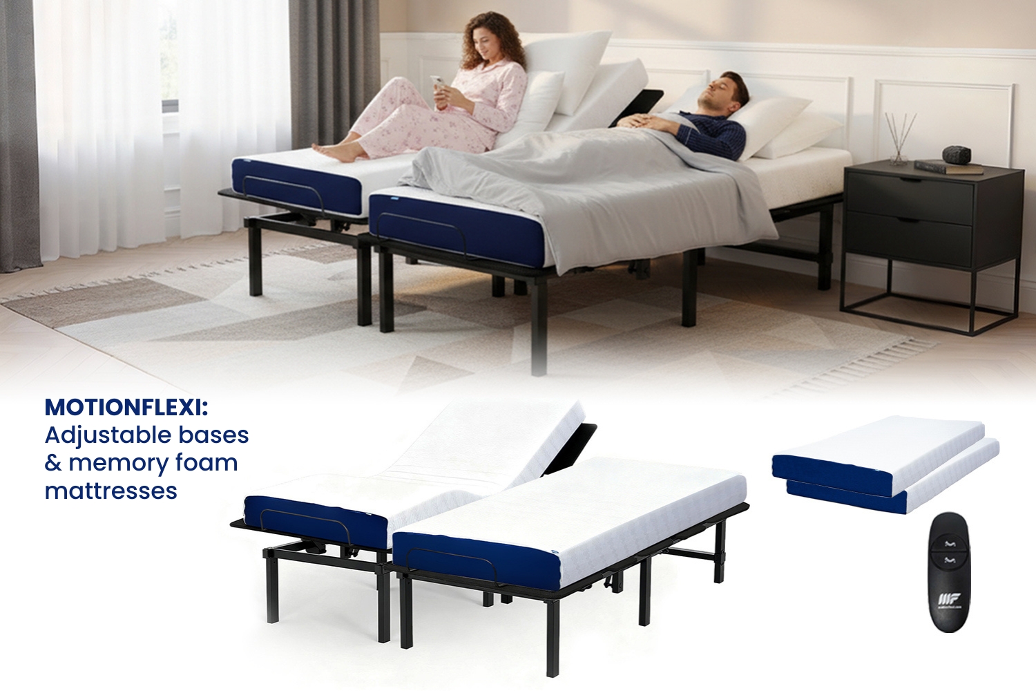 MOTIONFLEXI Electric Adjustable Bed Base with Memory Foam Mattress Set ...