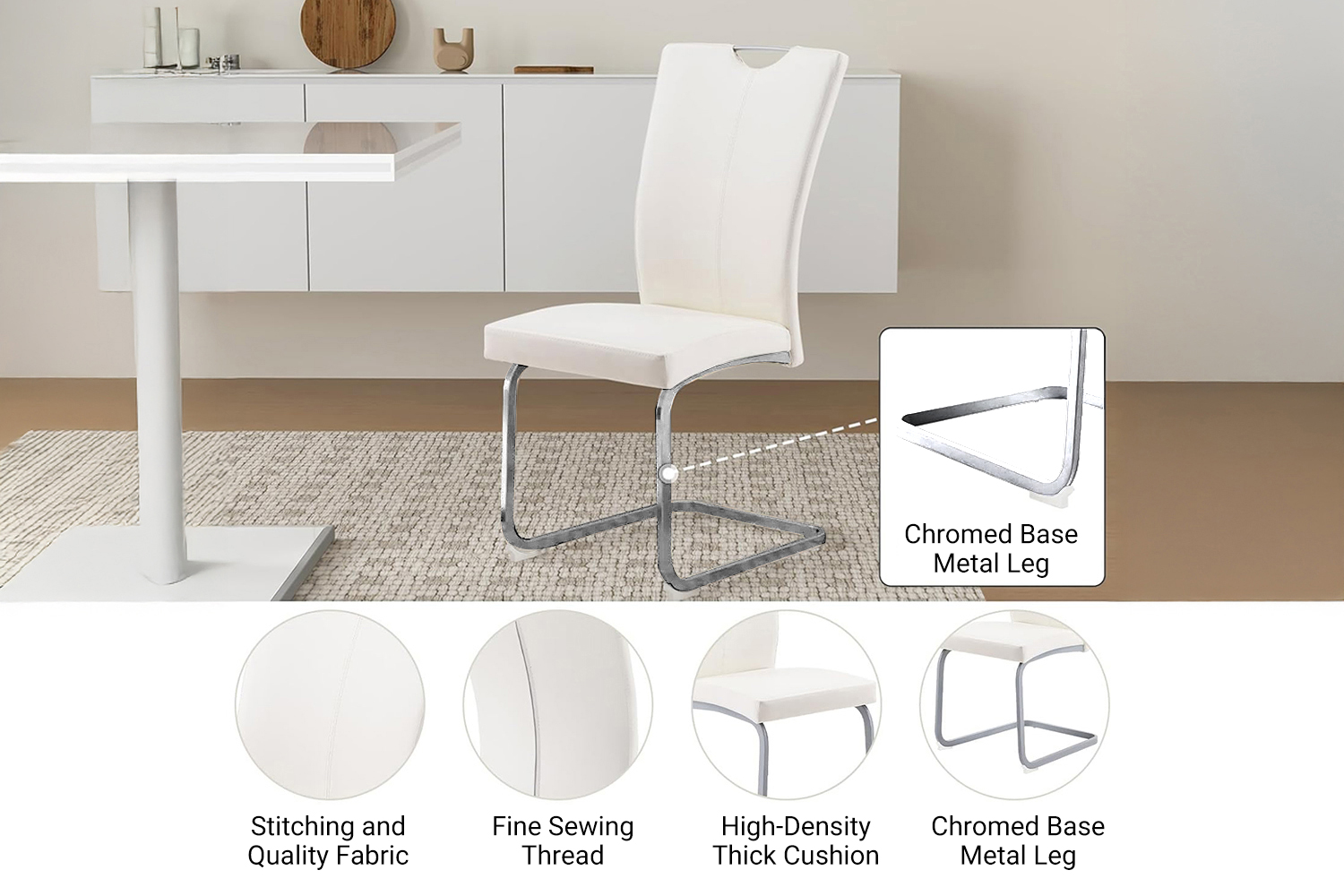EDAN High Back Dining Chair with Chromed Base (Pearl White) - Each