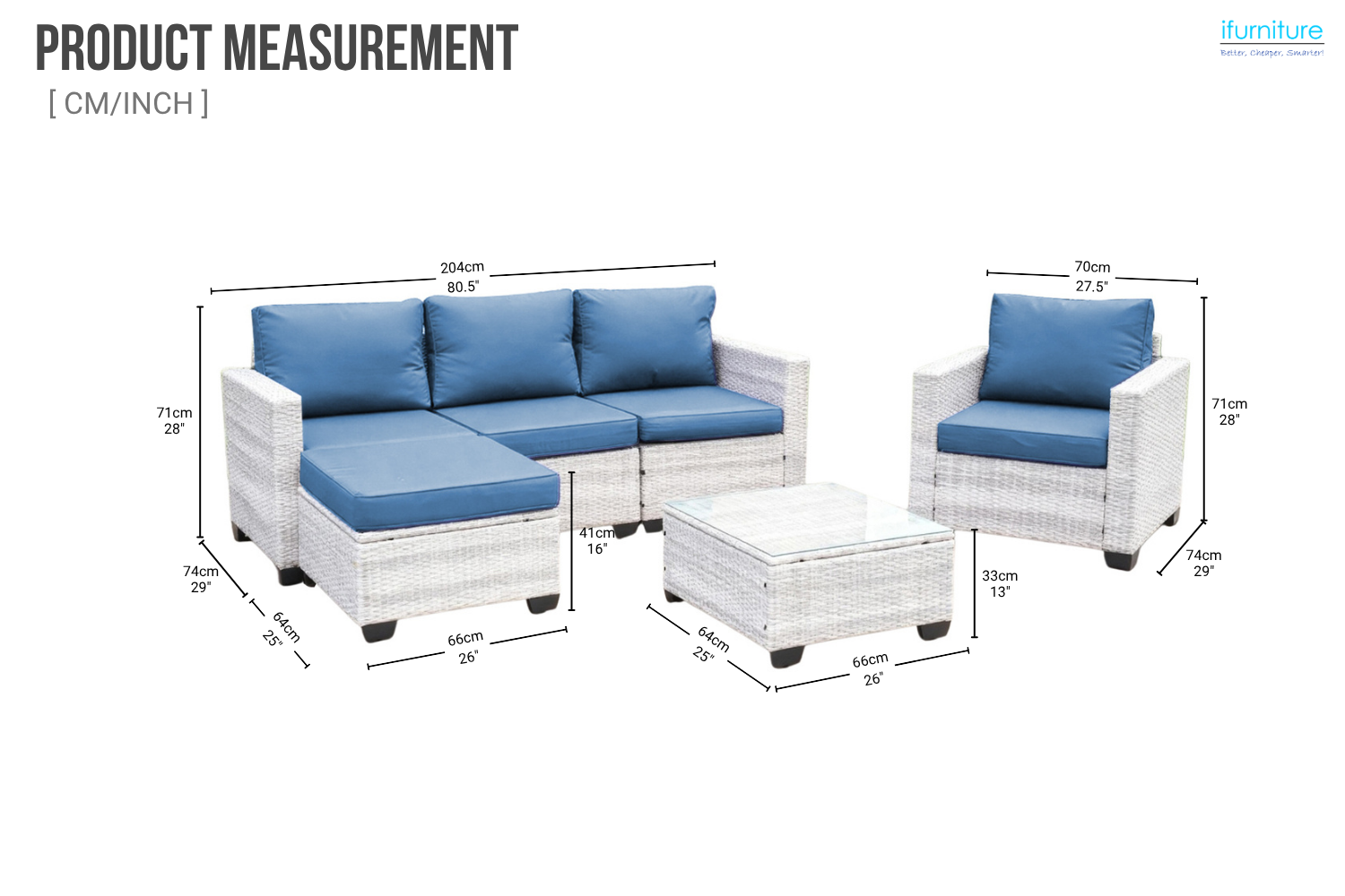 EUDY 6PC Modular Wicker Outdoor Lounge Sofa Set (Grey+Blue)