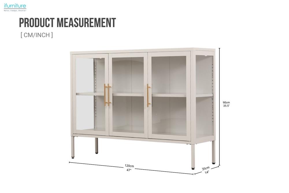STARK Steel Frame 90x120cm 3-Door Transparent Glass Display Cabinet (Cream)