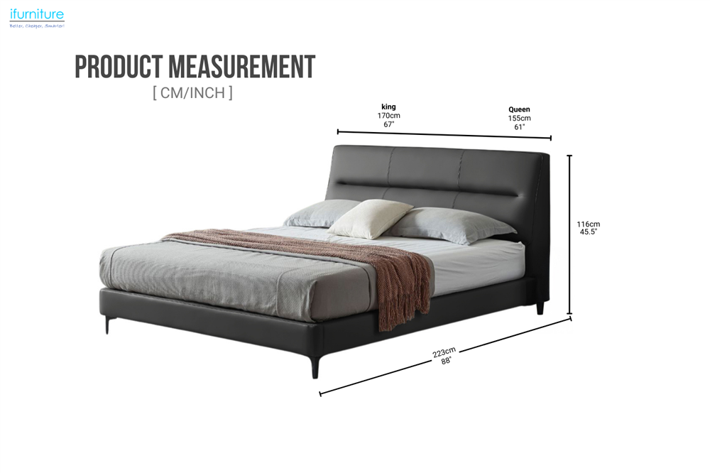 CUBA Genuine Leather Bed Frame in Queen/King Size (Dark Grey)